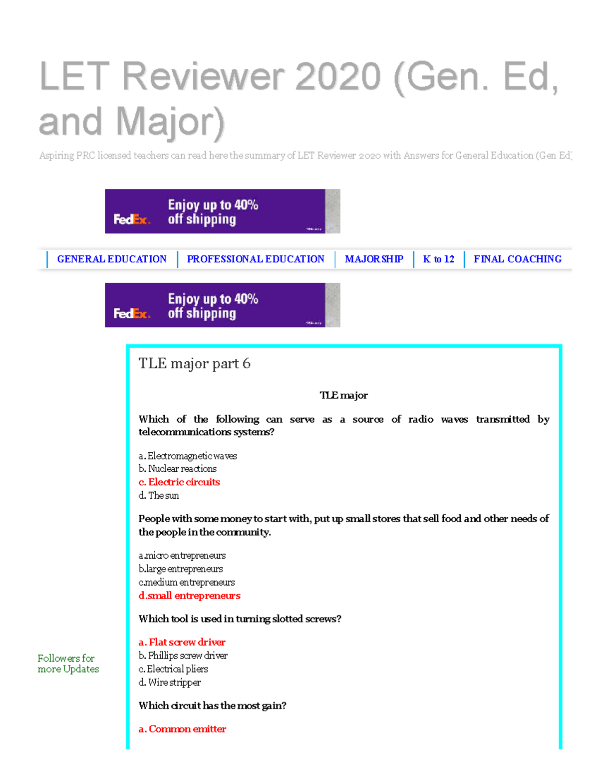 LET Reviewer 2020: Gen Ed, Prof Ed & Major TLE Part 6 Summary - Studocu