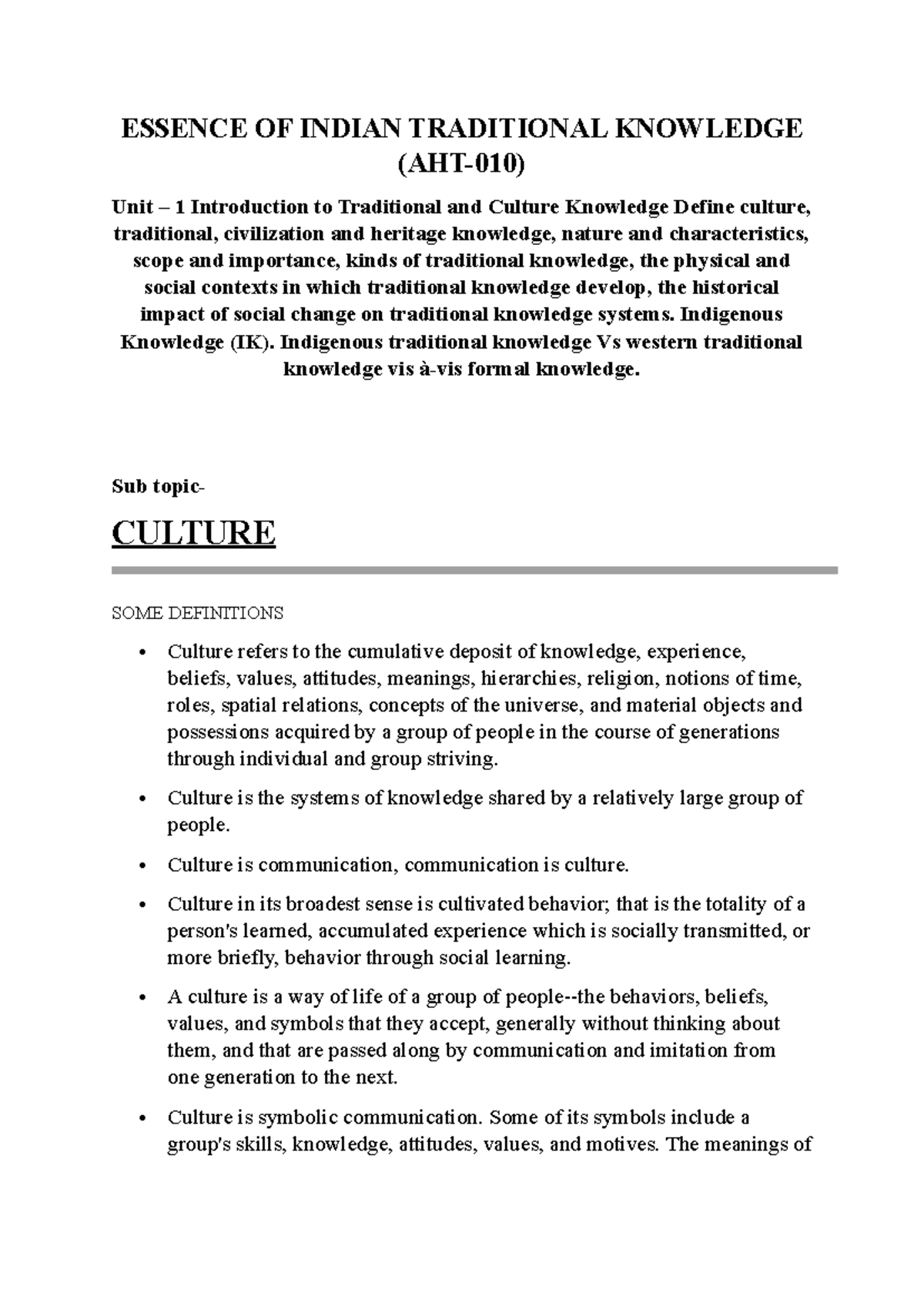 Essence of Indian Traditional Knowledge: AHT-010 Unit 1 Overview - Studocu