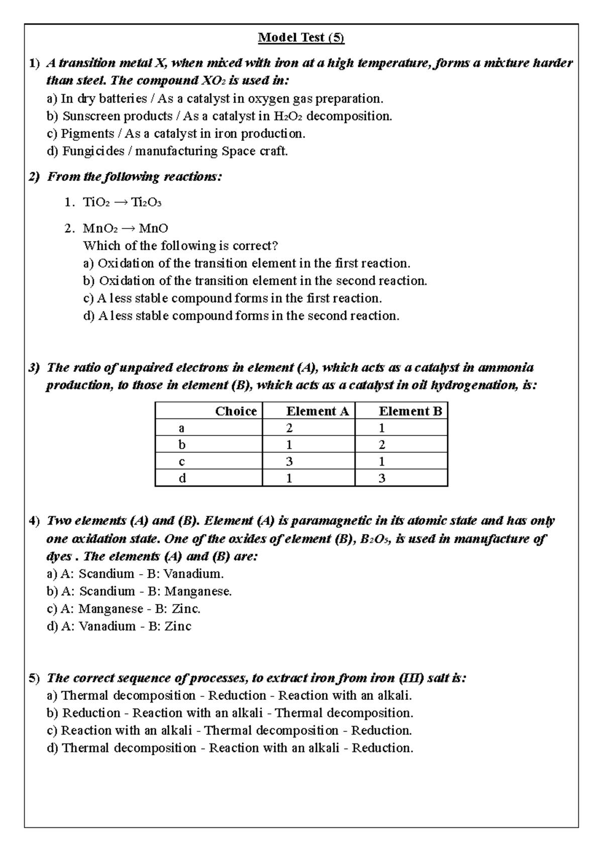 Chemistry Model Test (5) for English 3 Secondary Students - Studocu