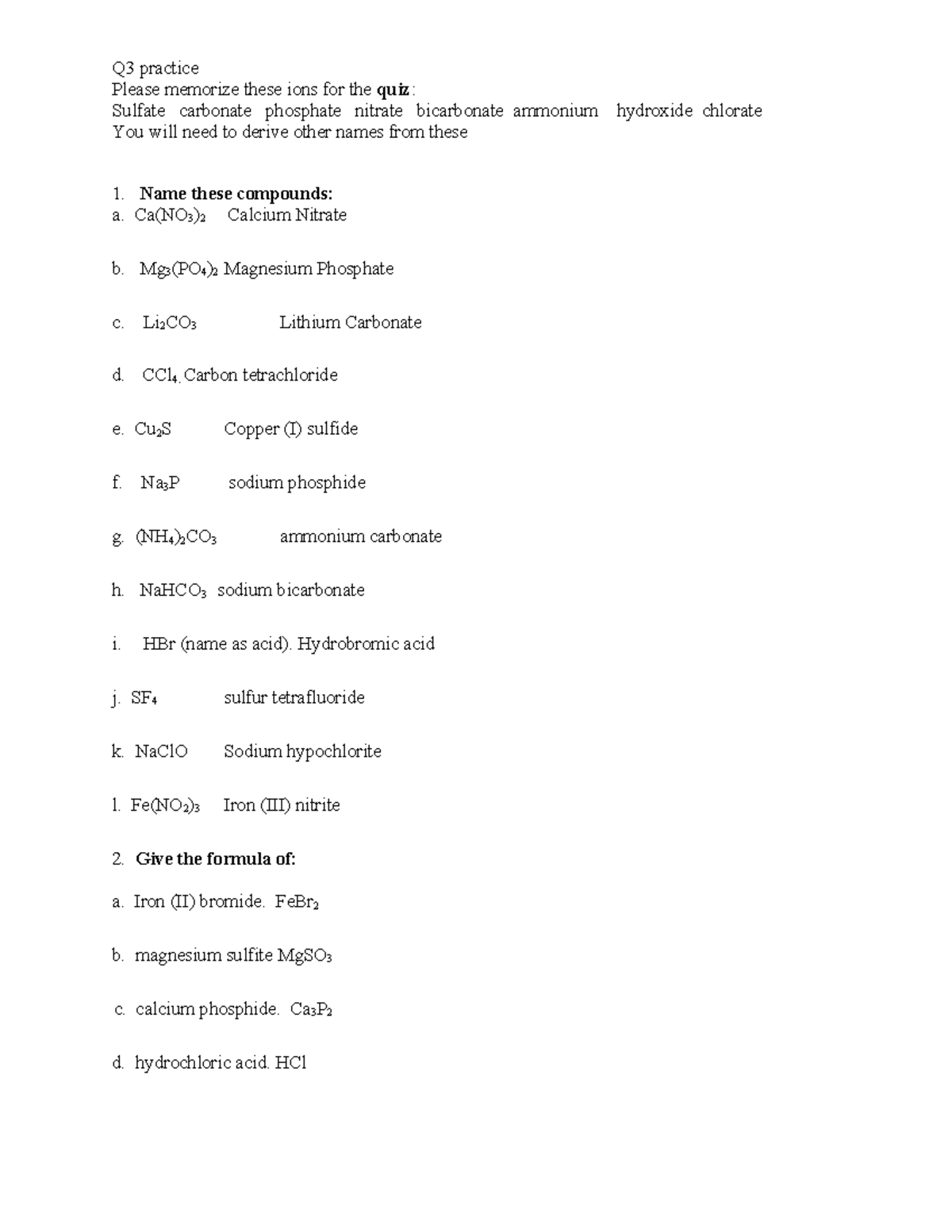 Chemistry Quiz Prep: Naming Ions & Compounds (Q3) - Studocu
