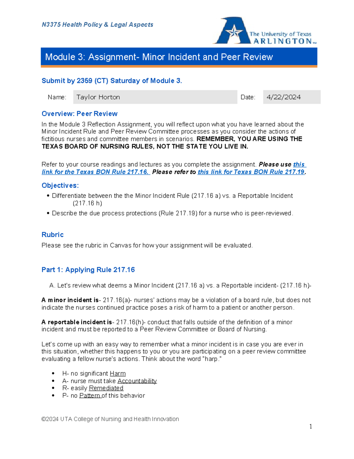 N3375-Module 3 Assignment: Minor Incident & Peer Review Analysis - Studocu