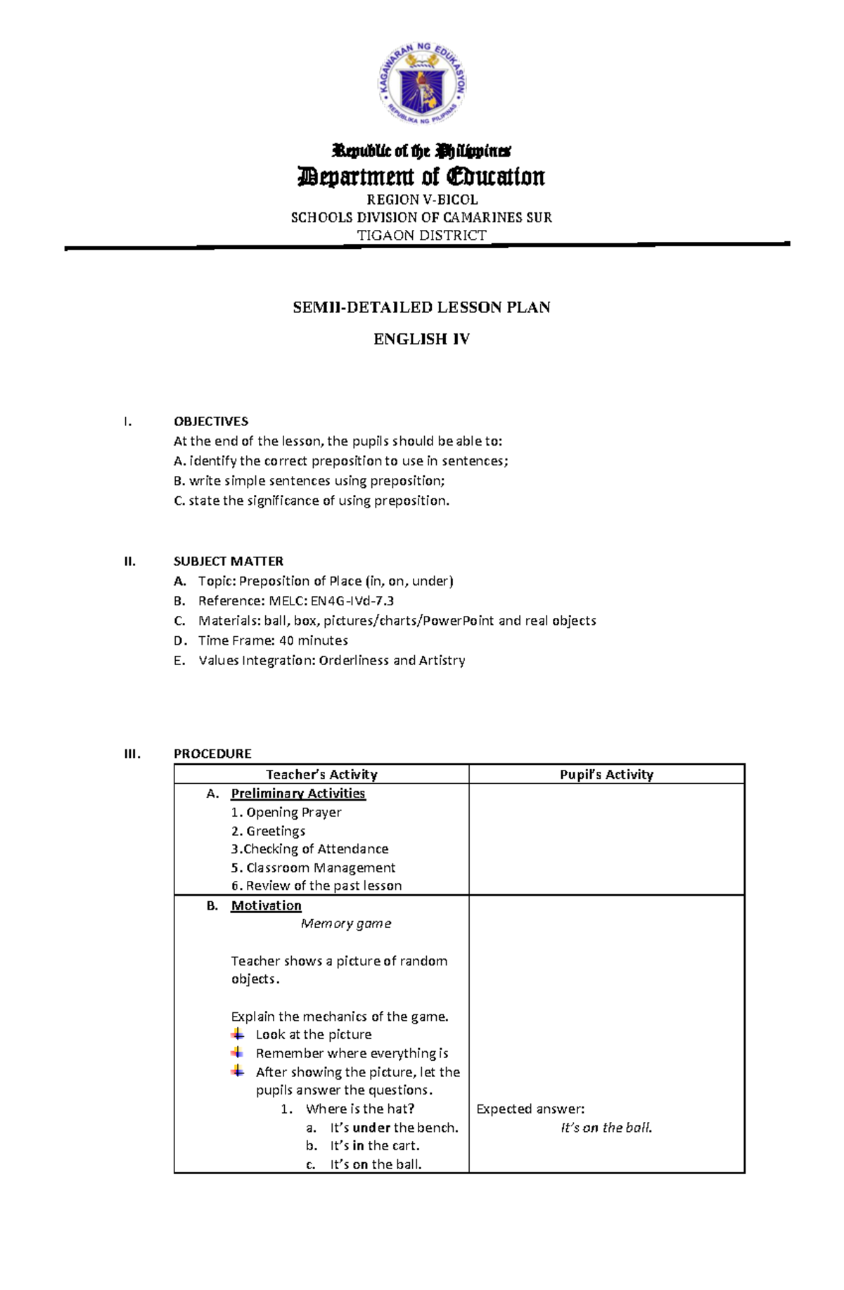 Detailed Lesson Plan on Prepositions (in, on, under) - English IV - Studocu