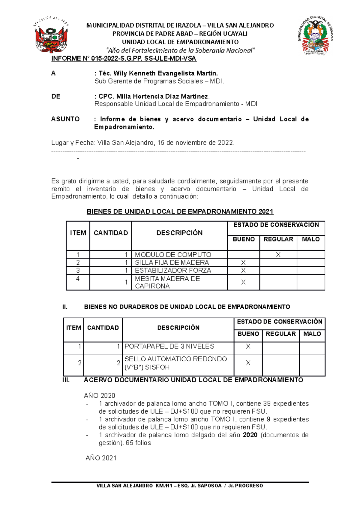 Informe N° 015-2022 Acervo Documentario y Gestión de Bienes ULE - Studocu