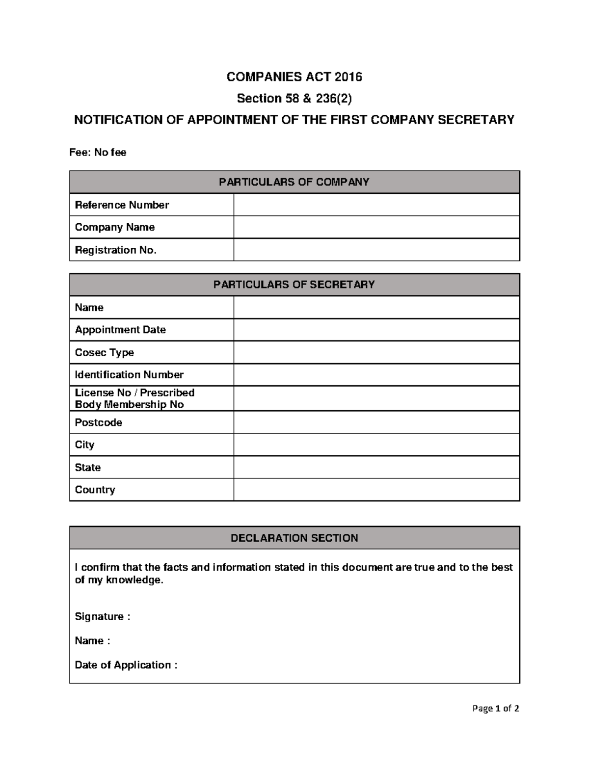 Companies Act 2016: Notification of Appointment of First Co. Secretary ...