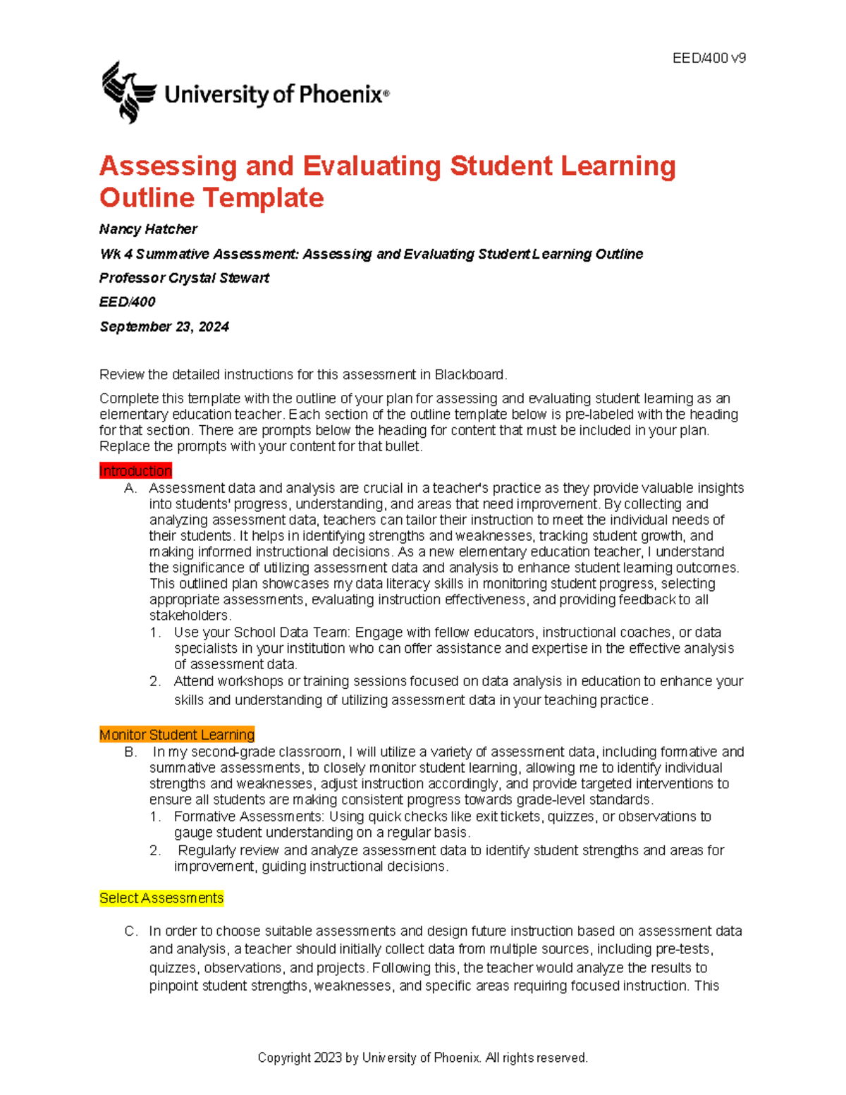 EED 400 Wk 4 Outline Template for Assessing & Evaluating Learning - Studocu