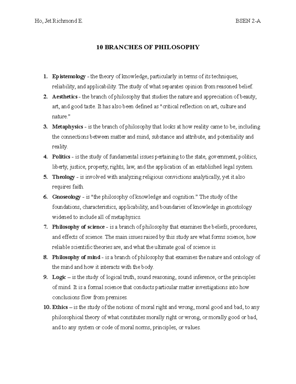 BSEN 2-A: Overview of 10 Branches of Philosophy Explained - Studocu