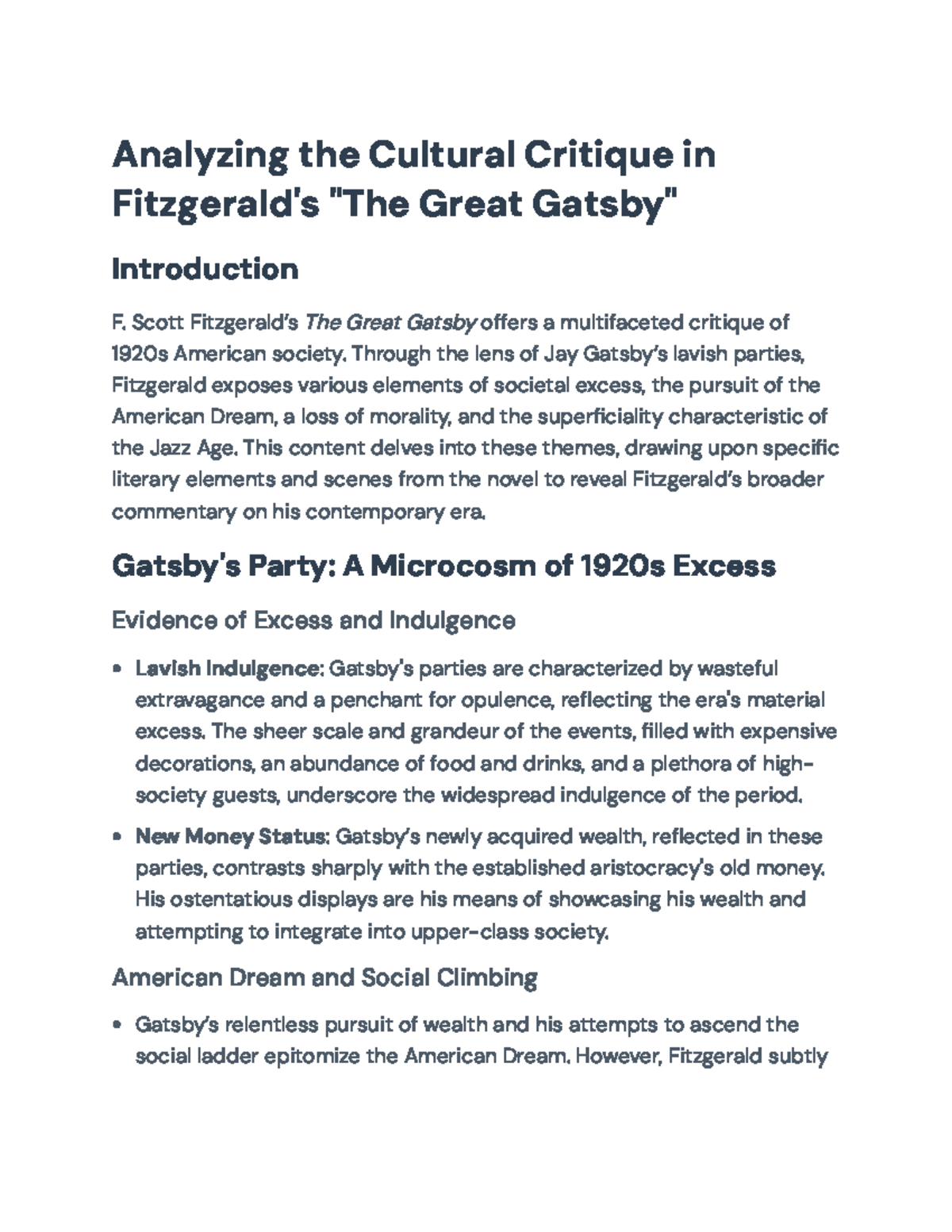 Cultural Critique in Fitzgerald's "The Great Gatsby" (ENG 101) - Studocu