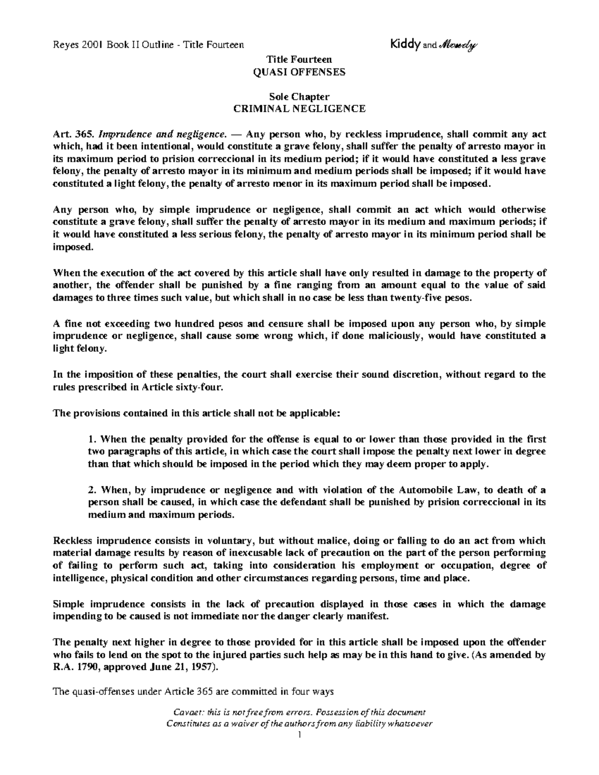 Reyes 2001 Book II Outline: Chapter 14 - Quasi Offenses & Criminal ...