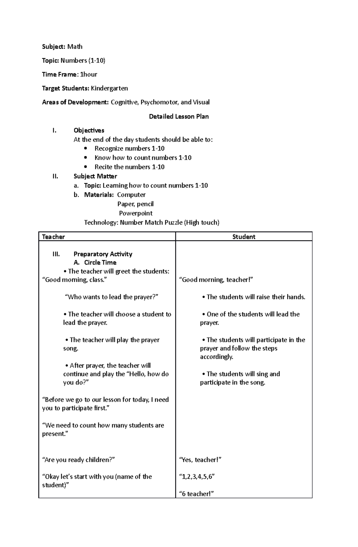Counting Numbers 1-10: Lesson Plan for Kindergarten Math - Studocu