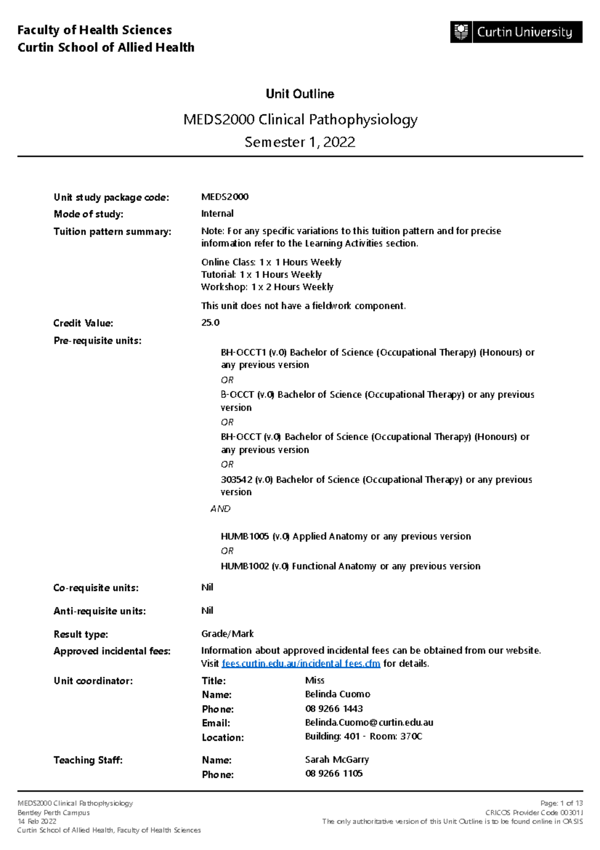 Unit outline - 314797 - Curtin - Studocu