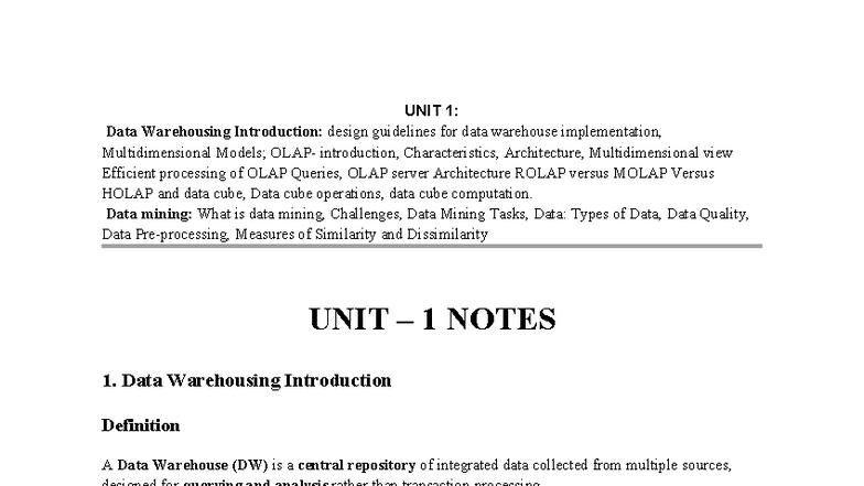CSE 101: Unit 1 Class Notes - Data Mining & Data Warehousing - Studocu