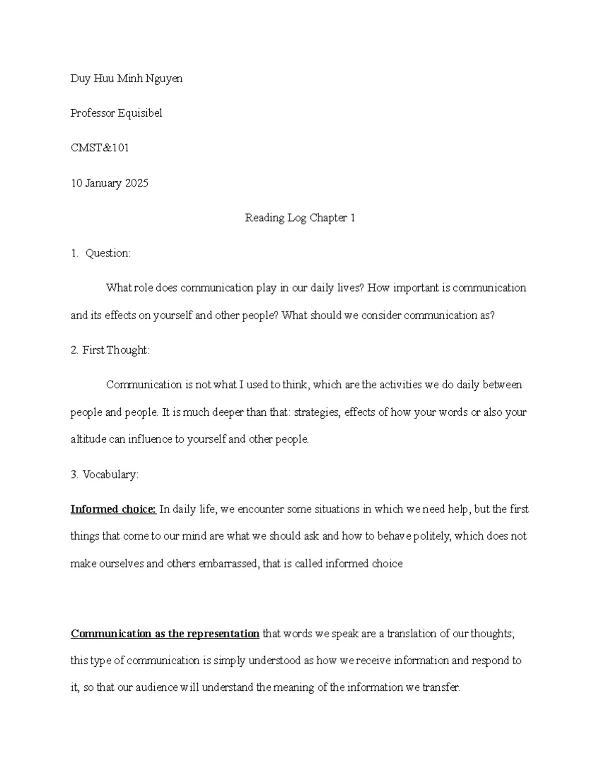CMST Chapt 1 - Reading Log assignments - Duy Huu Minh Nguyen Professor ...