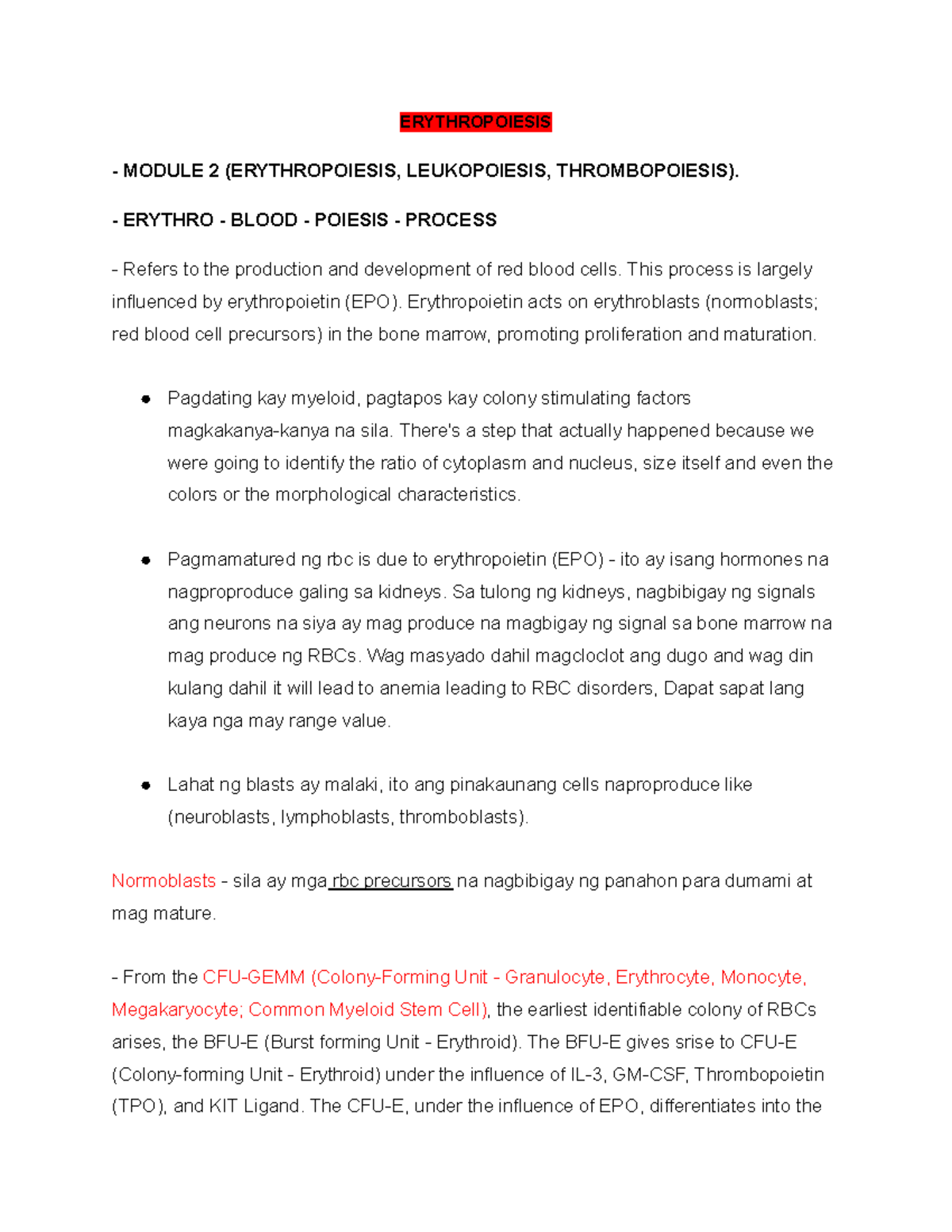 Erythropoiesis Module 2: RBC Development and Influencing Factors - Studocu
