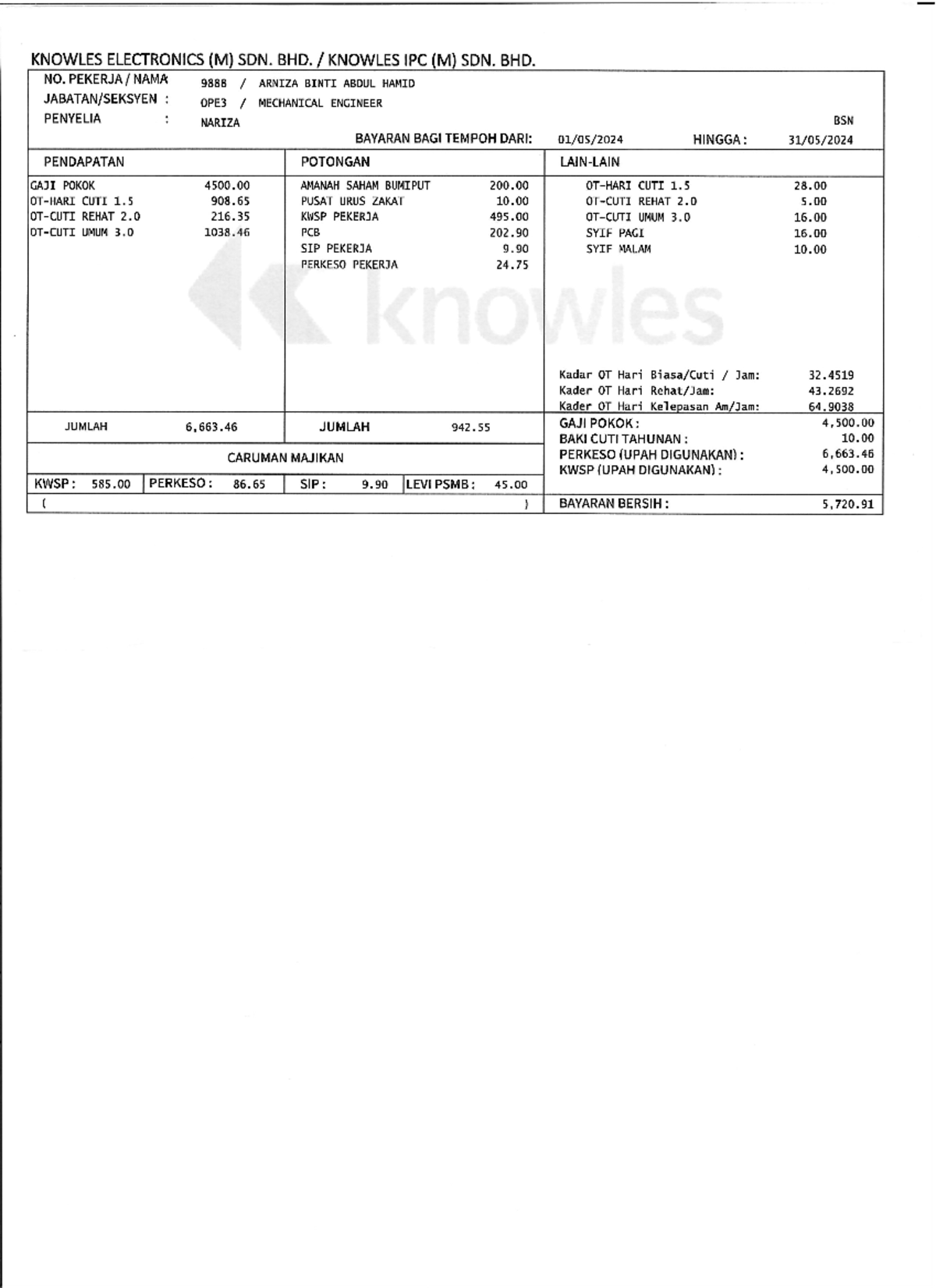Payslip MAY - JUL 2024 - THANKS - KNOWLES ELECTRONICS (M) SDN. BHD ...