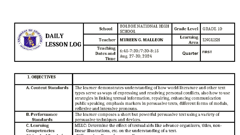 Dll-g10 - This is my Daily Lesson Log for G10 English 1st Quarter ...