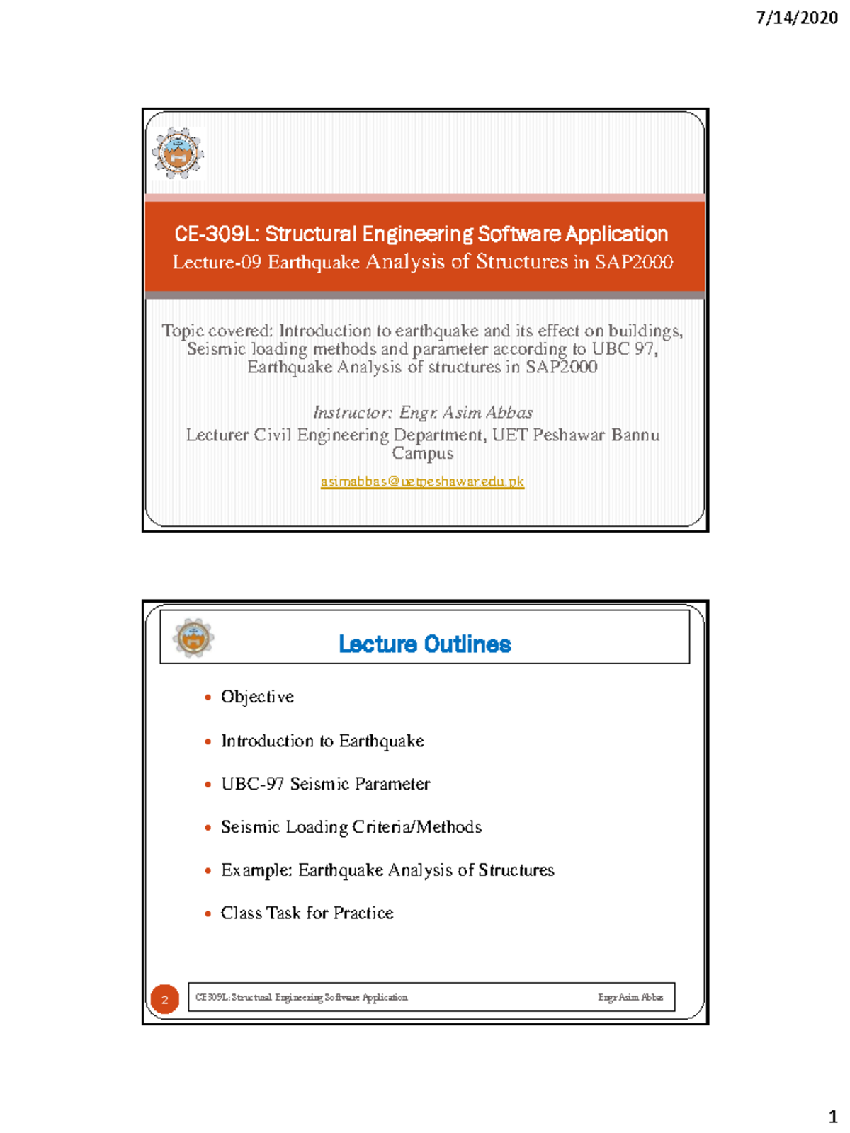 CE309L: Lecture-09 Earthquake Analysis of Structures with SAP2000 - Studocu