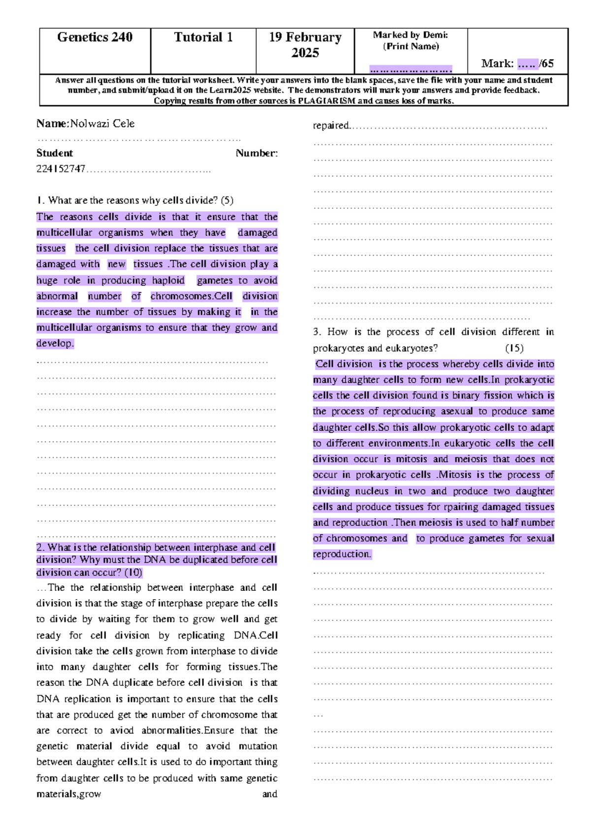 Genetics 240 Tutorial 1: Cell Division, Mutations, and Protein ...