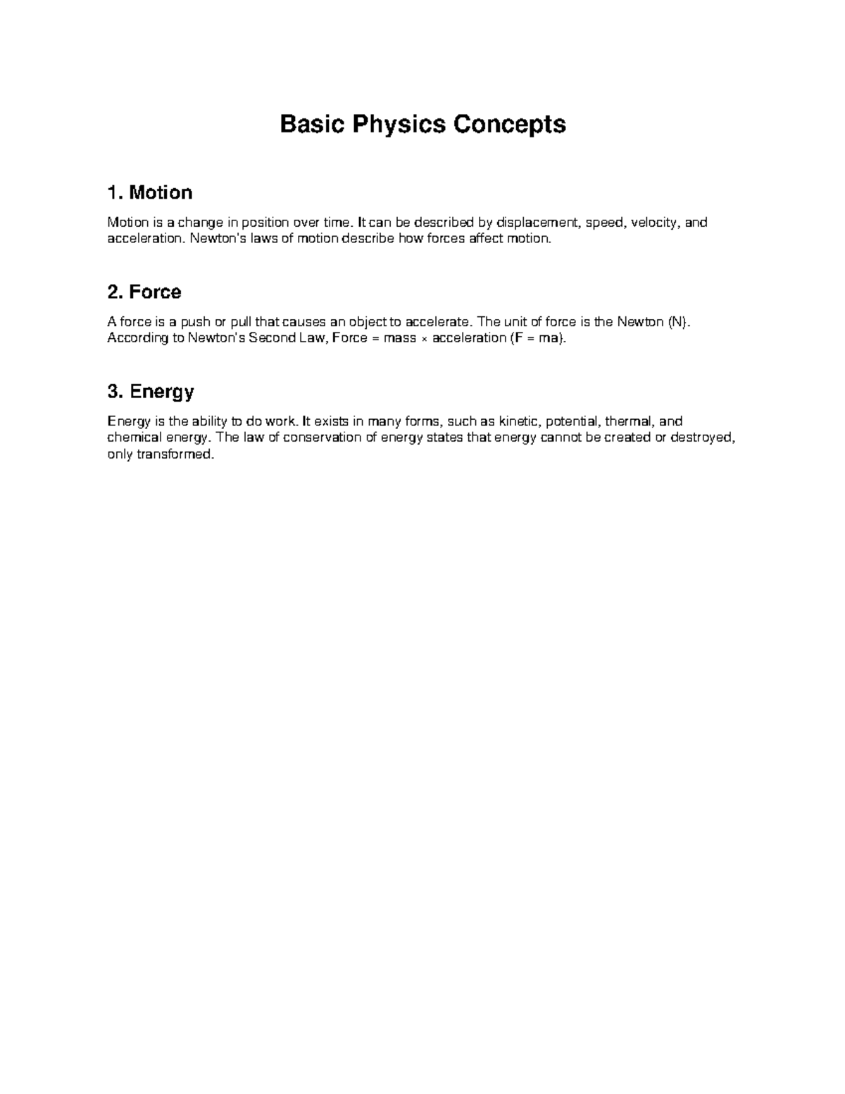 Basic Physics Concepts: Motion, Force, and Energy Overview - Studocu