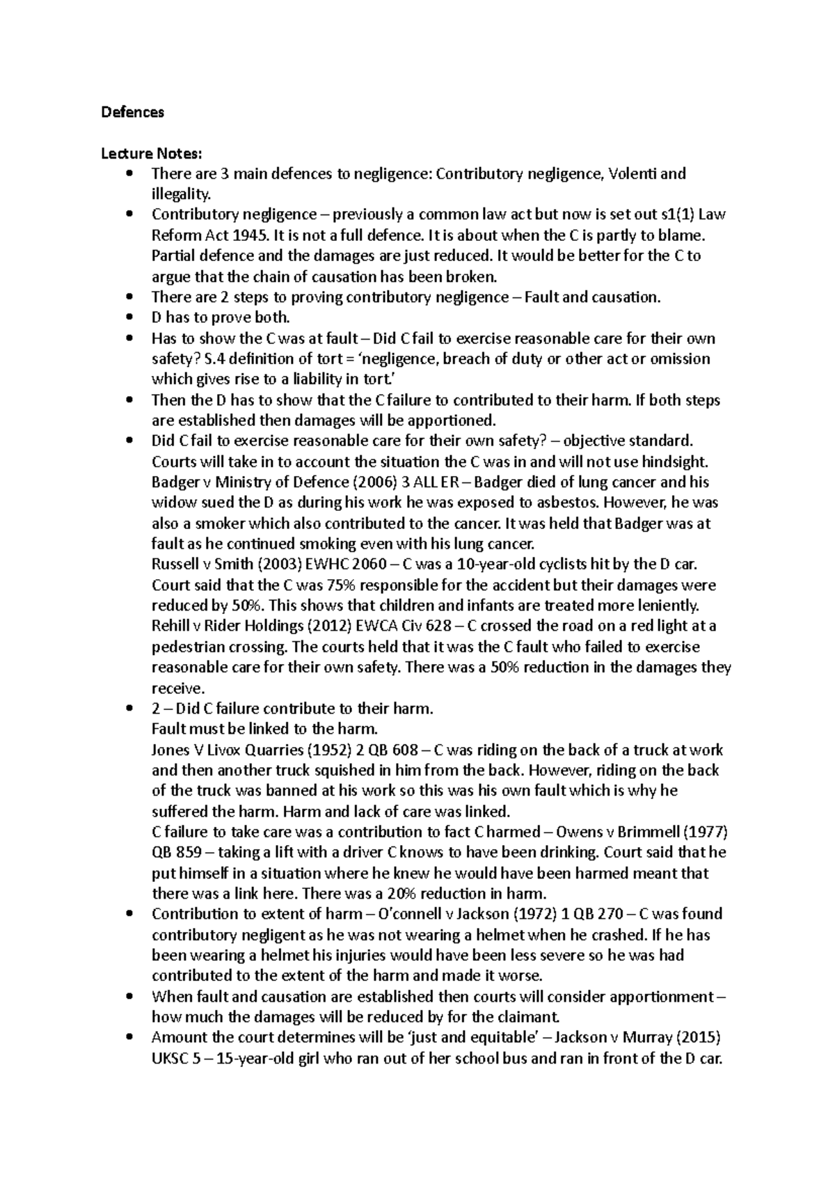 Defences to Negligence: Lecture Notes for Law 101 - Studocu