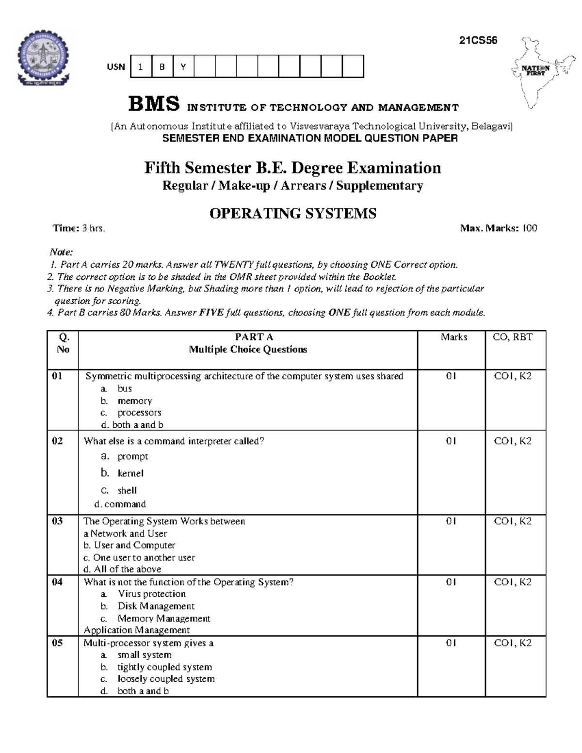 21CS56 - Operating Systems Model Question Paper with MCQs - Studocu