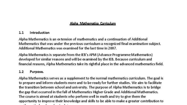 Alpha Mathematics Curriculum Overview and Guidelines - Studocu