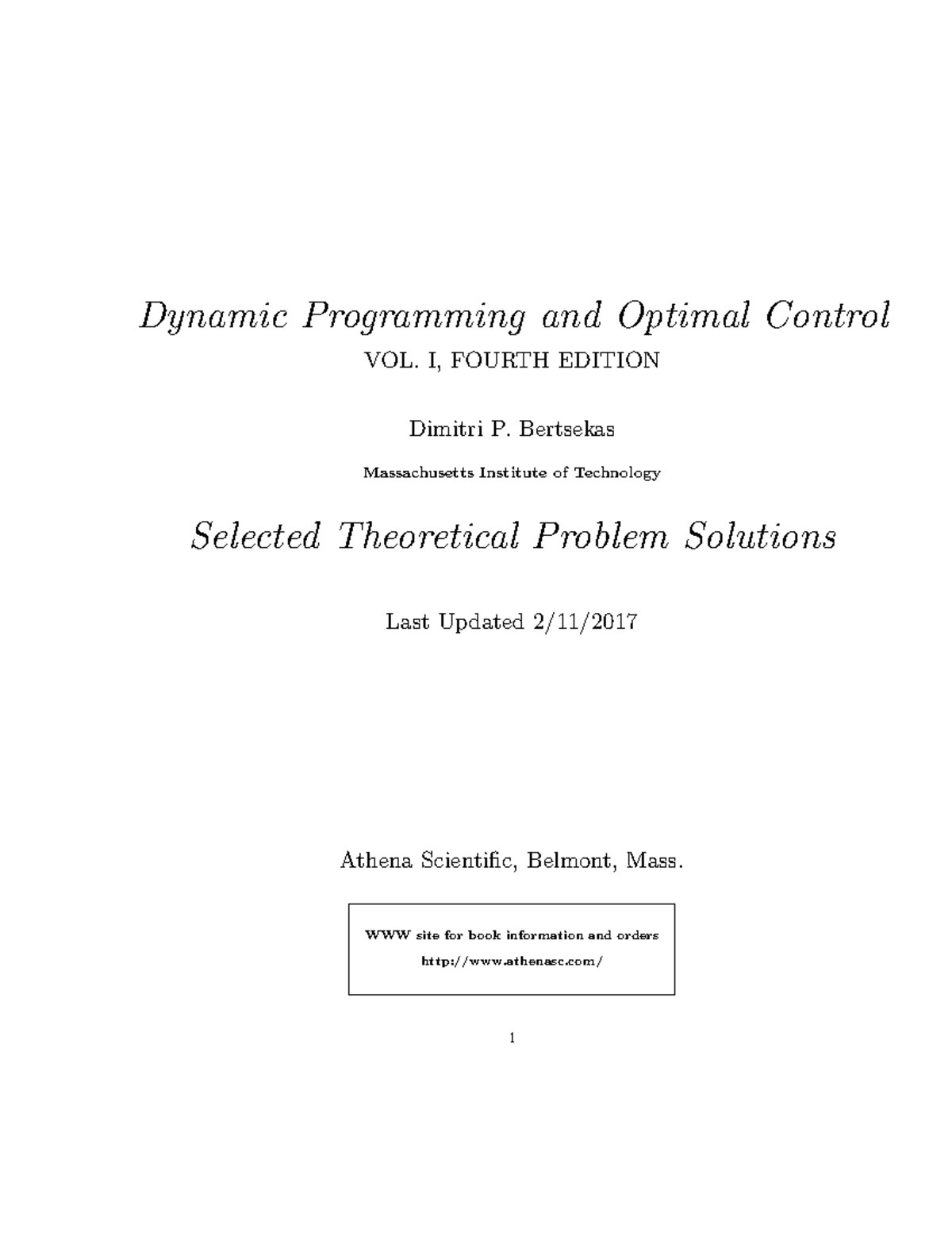 Dynamic Programming and Optimal Control Solutions - Vol. I - Studocu