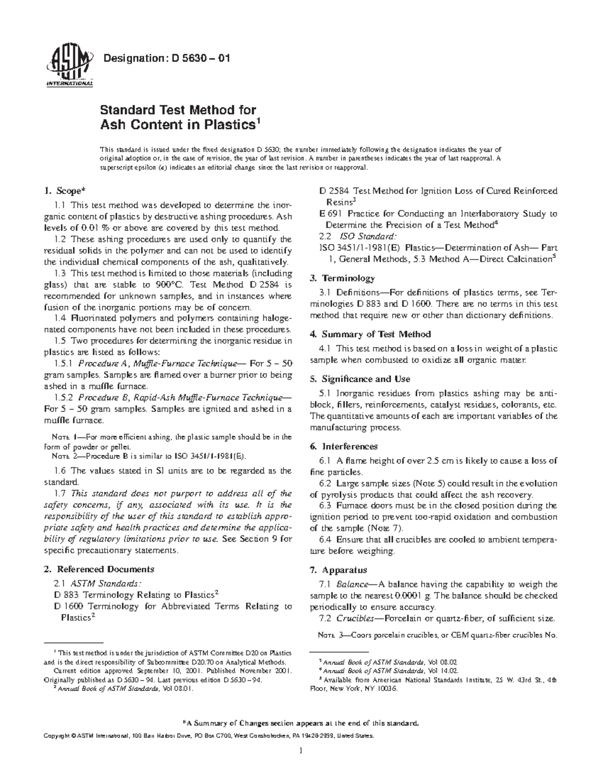 ASTM D5630-01: Standard Method for Measuring Ash Content in Plastics - Studocu