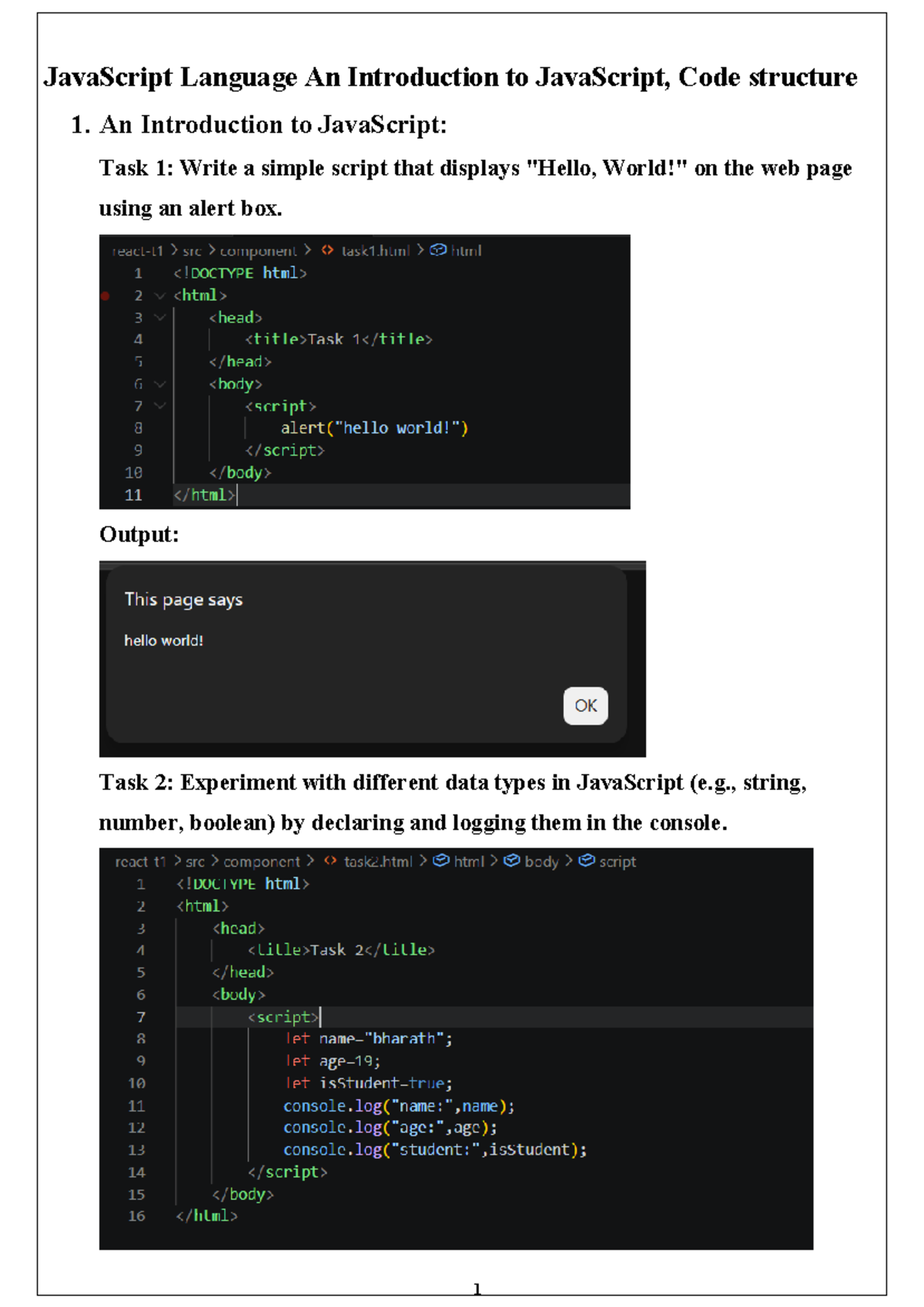 JavaScript Basics: Introductory Tasks and Exercises (CS101) - Studocu