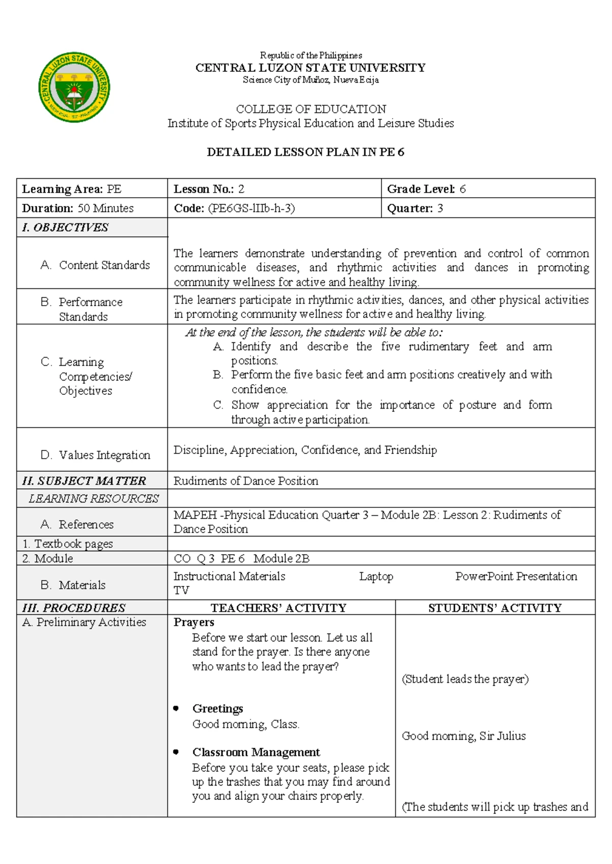 DLP in PE6 RDP Pedronan Julius - DETAILED LESSON PLAN IN PE 6 Learning ...
