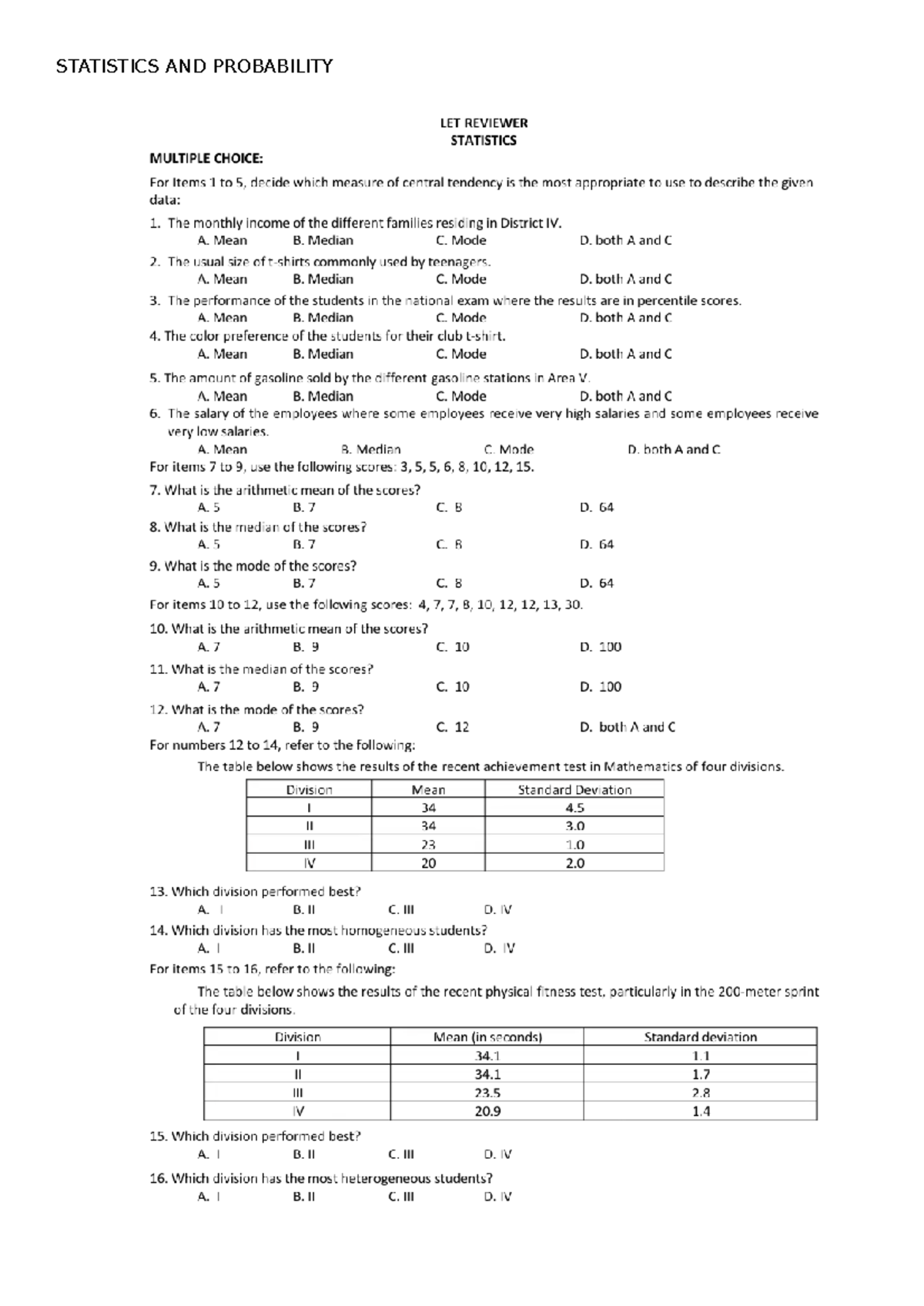 Statistics AND Probability - STATISTICS AND PROBABILITY LET REVIEWER STATISTICS MULTIPLE CHOICE ...