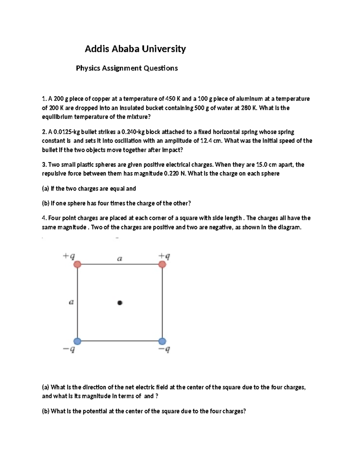 PHYS 101: Physics Assignment Questions on Thermodynamics & Electricity ...