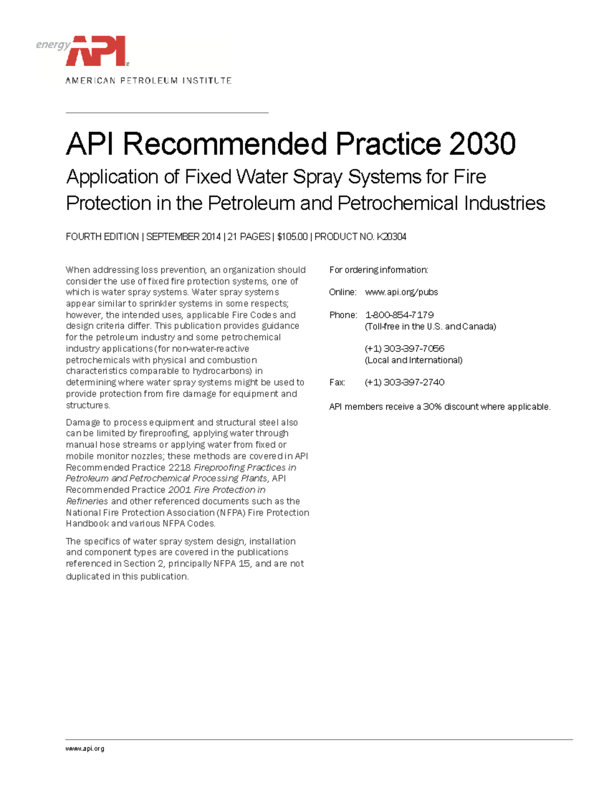 API RP 2030: Fixed Water Spray Systems for Fire Protection in ...