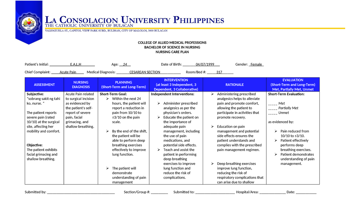NCP-Post Op Care Plan for Cesarean Section: Pain Management Strategies ...