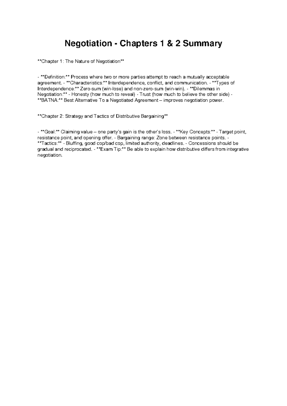Negotiation Ch1-2 Summary - Negotiation - Chapters 1 & 2 Summary Chapter 1: The Nature of - Studocu