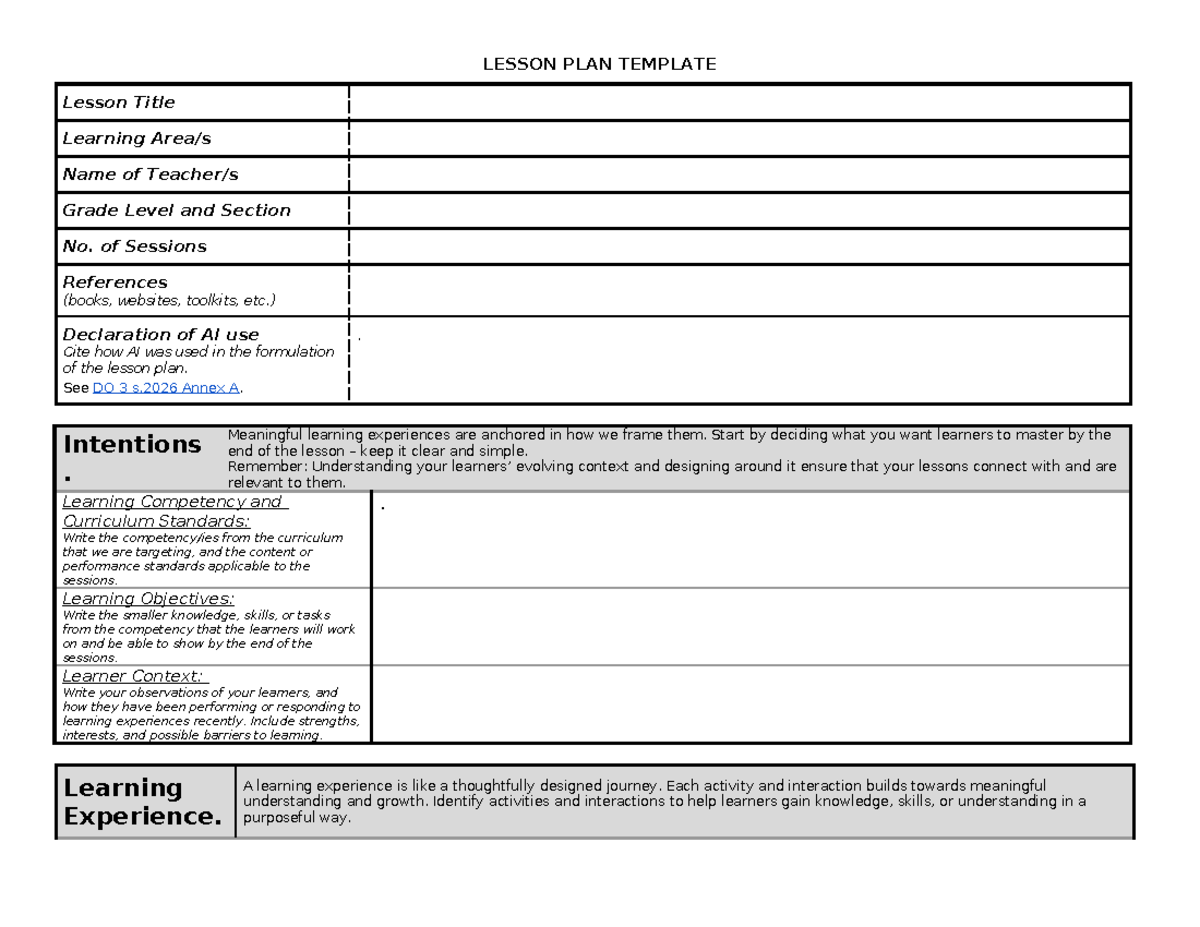 LP-ILAW Lesson Plan Template for Meaningful Learning Experiences - Studocu