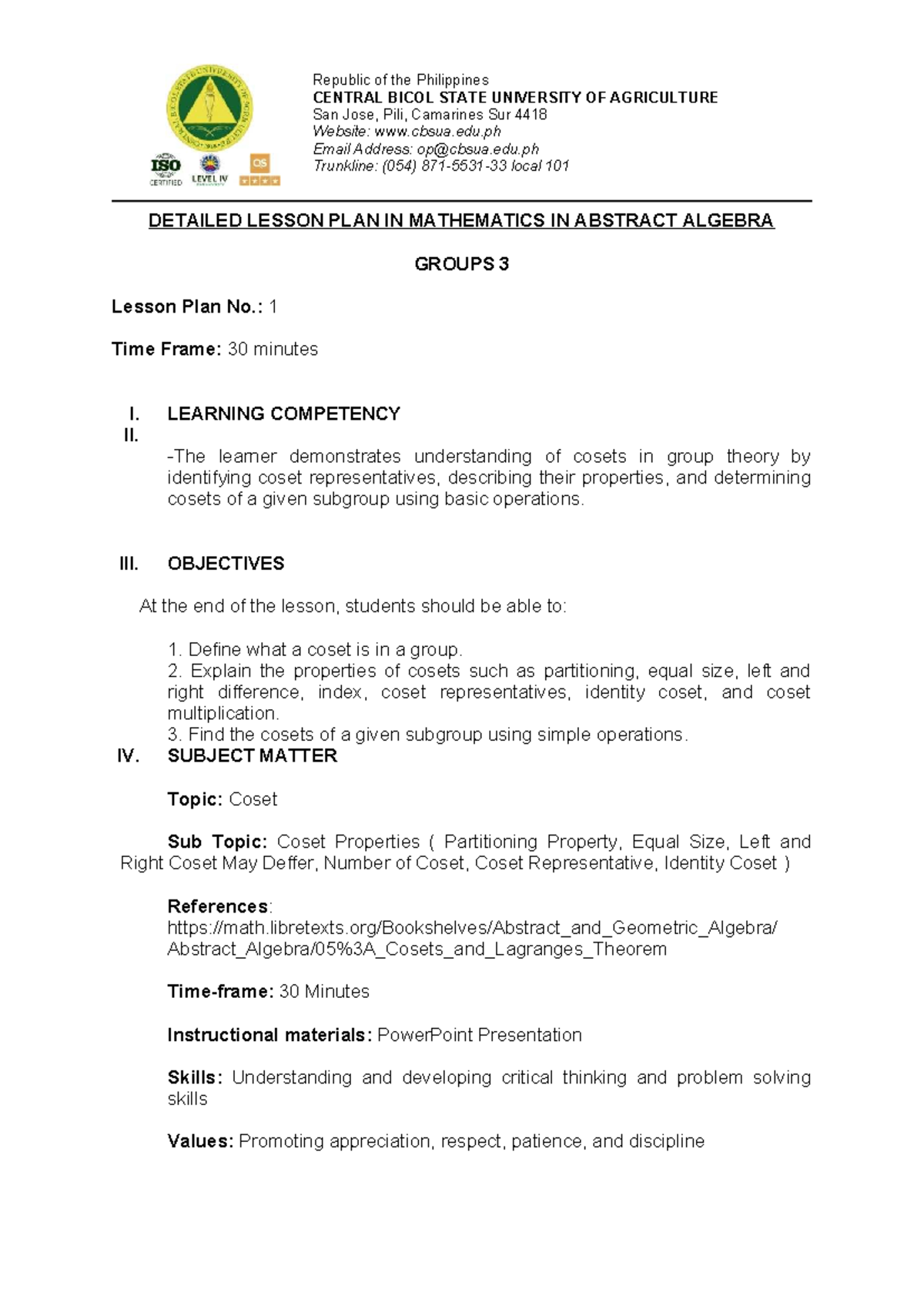 Detailed Lesson Plan in Mathematics: Abstract Algebra Groups 3 - Cosets ...