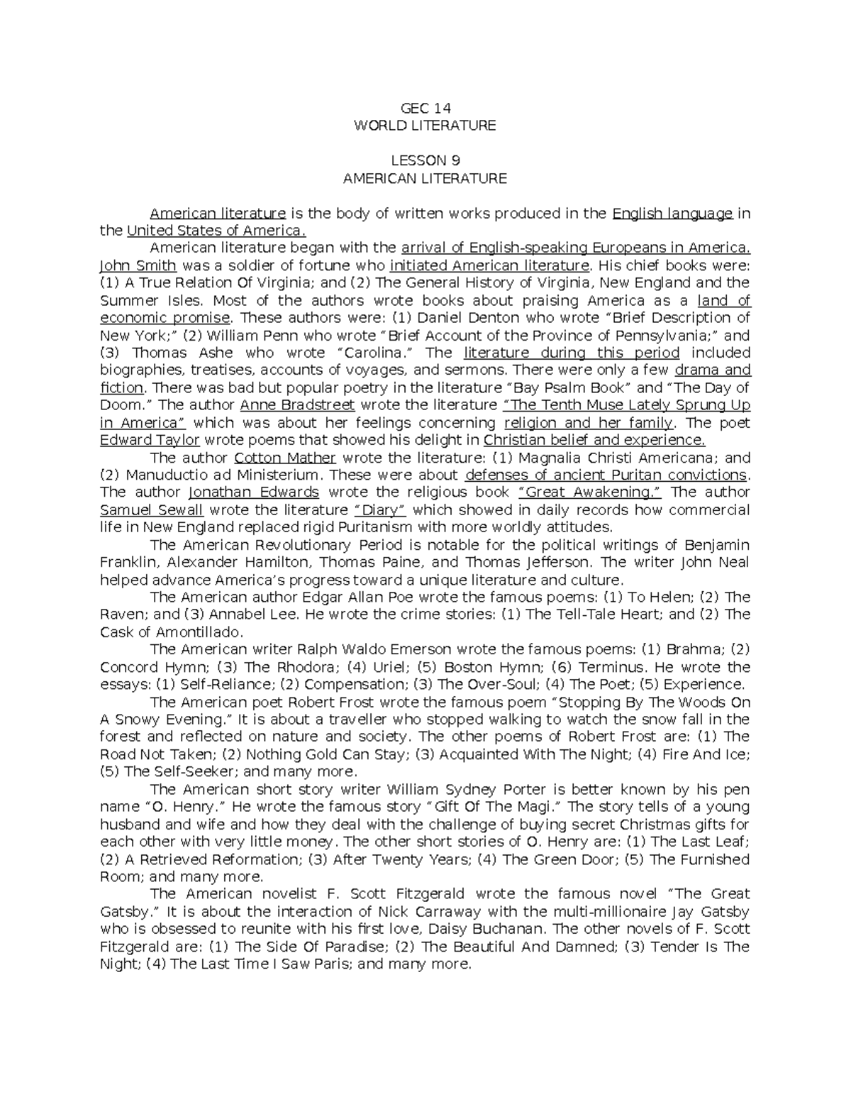 GEC 14 WORLD LITERATURE LESSON 9: AMERICAN LITERATURE OVERVIEW - Studocu