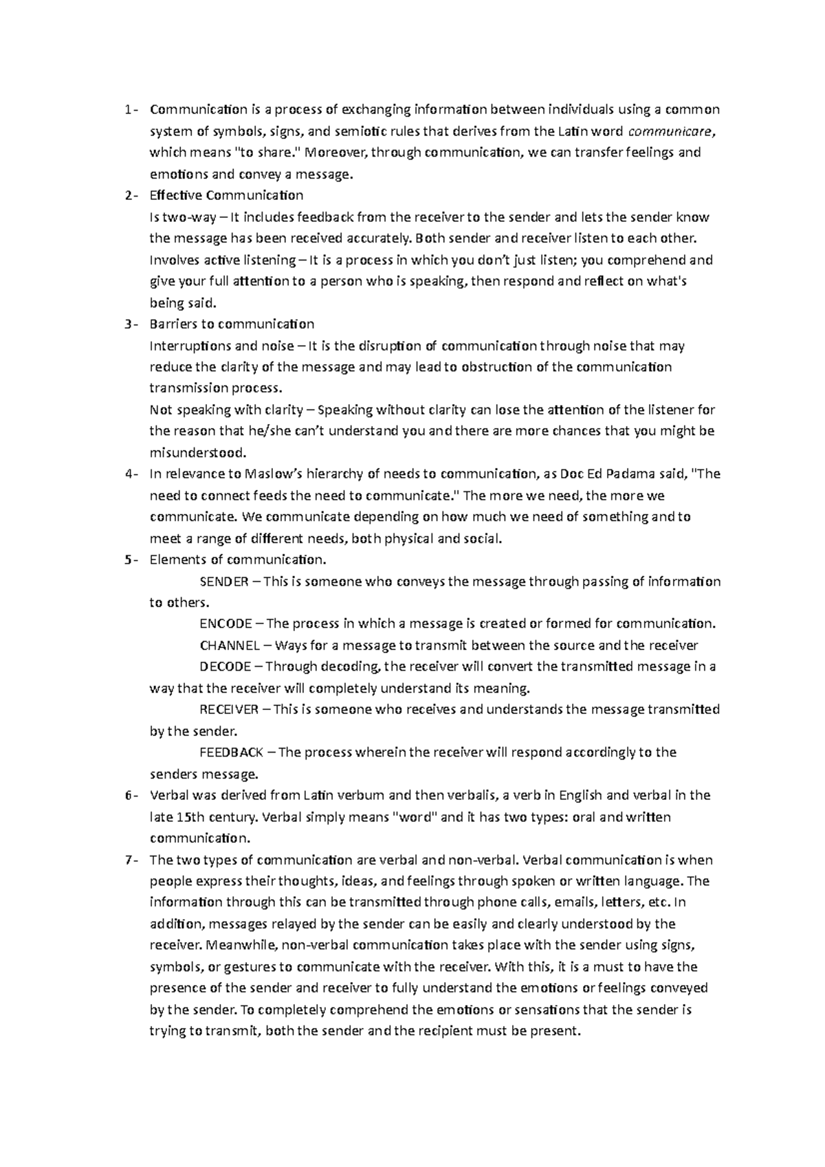 Activity 1 - notes for the lecture - 1- Communication is a process of ...