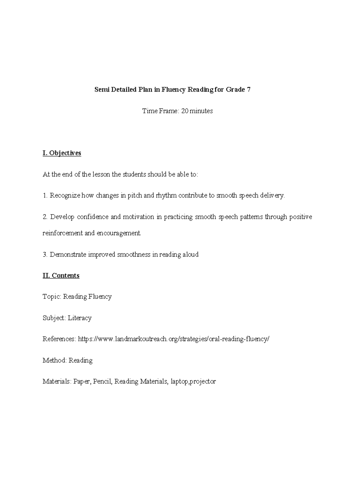 Semi Detailed Lesson Plan: Reading Fluency for Grade 7 - Studocu