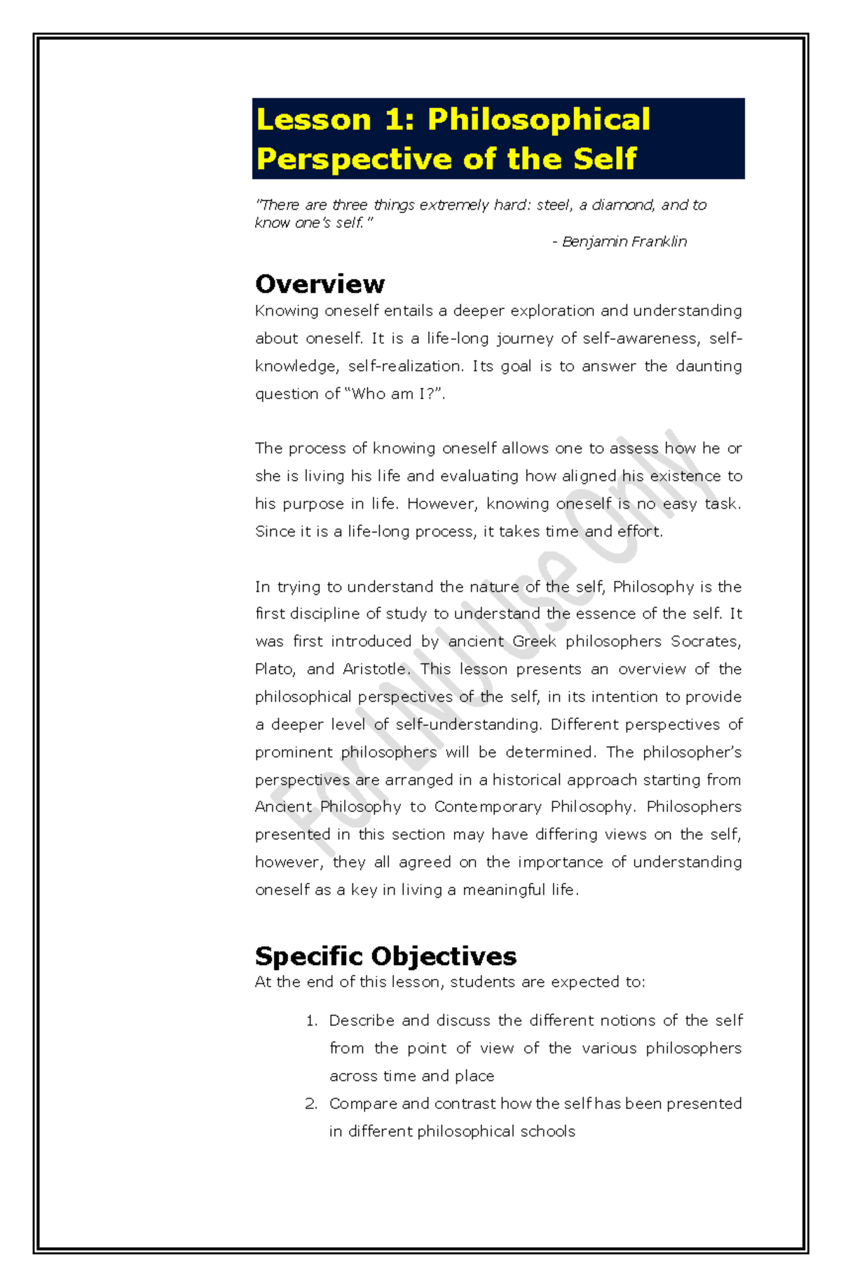Lesson 1: Philosophical Perspectives on the Self and Its Understanding ...