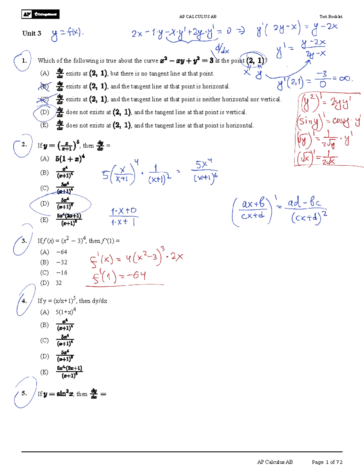 AP CALCULUS AB Test Booklet Unit 3 Derivative Practice - Studocu