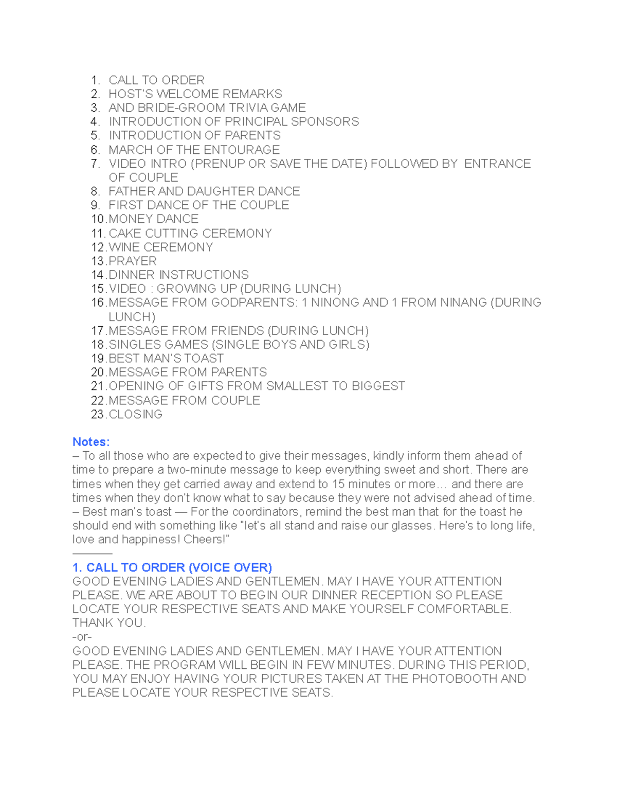 Wedding Emcee Script - 1. CALL TO ORDER 2. HOST’S WELCOME REMARKS 3 ...