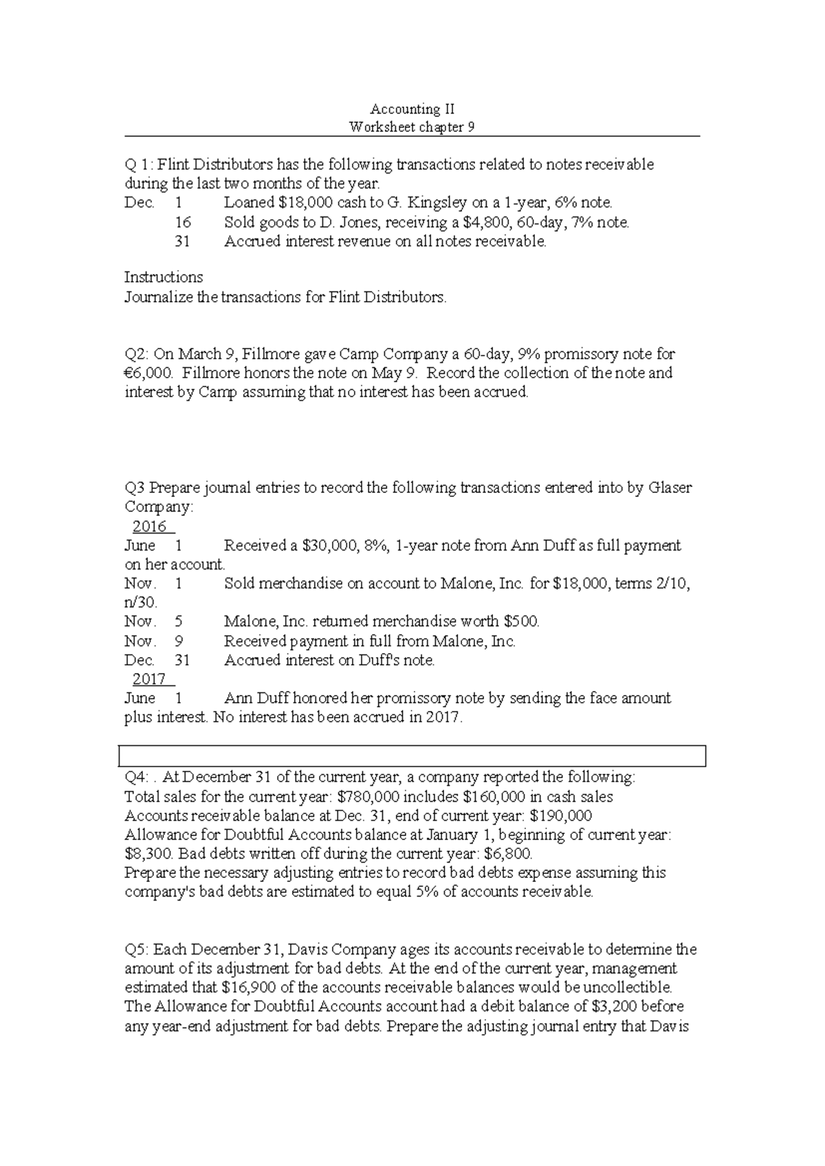 Accounting II Worksheet: Chapter 9 - Journal Entries for Receivables ...