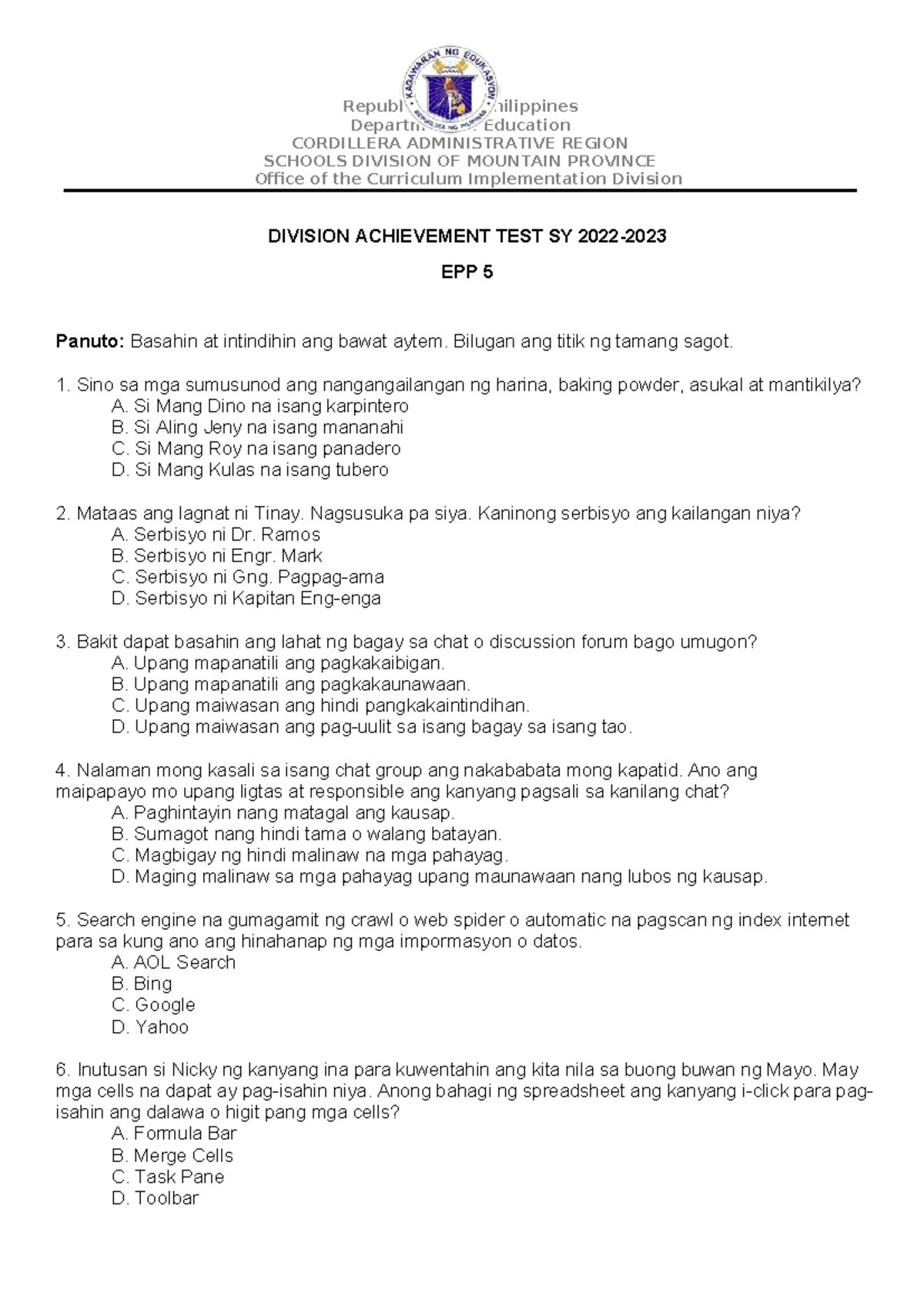 Division Achievement Test - EPP 5 Post Test Guidance - Studocu