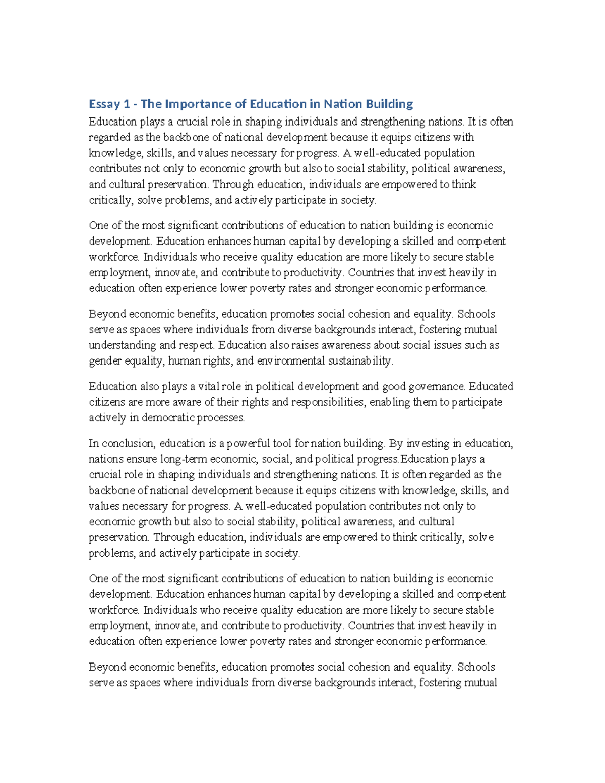 Essay 1: The Role of Education in Nation Building - Studocu