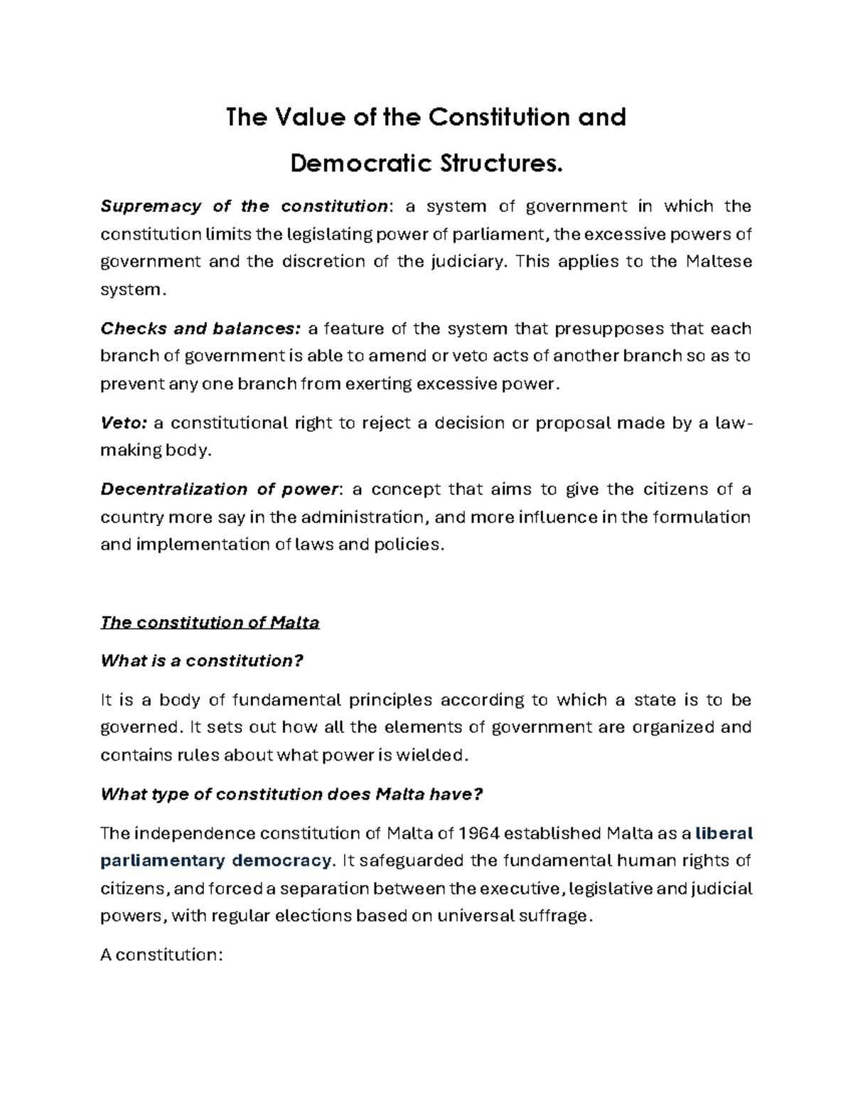 Constitutional Value and Democratic Principles in Malta: Analysis - Studocu