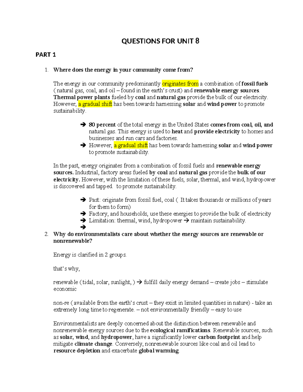 Questions for Unit 8: Energy Sources & Environmental Impact (ENGL1344 ...
