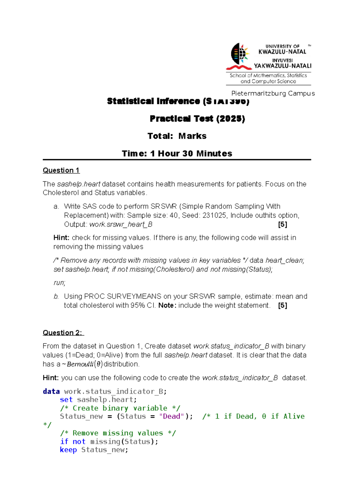 STAT395 2025 Practical Test: Statistical Inference Questions - Studocu
