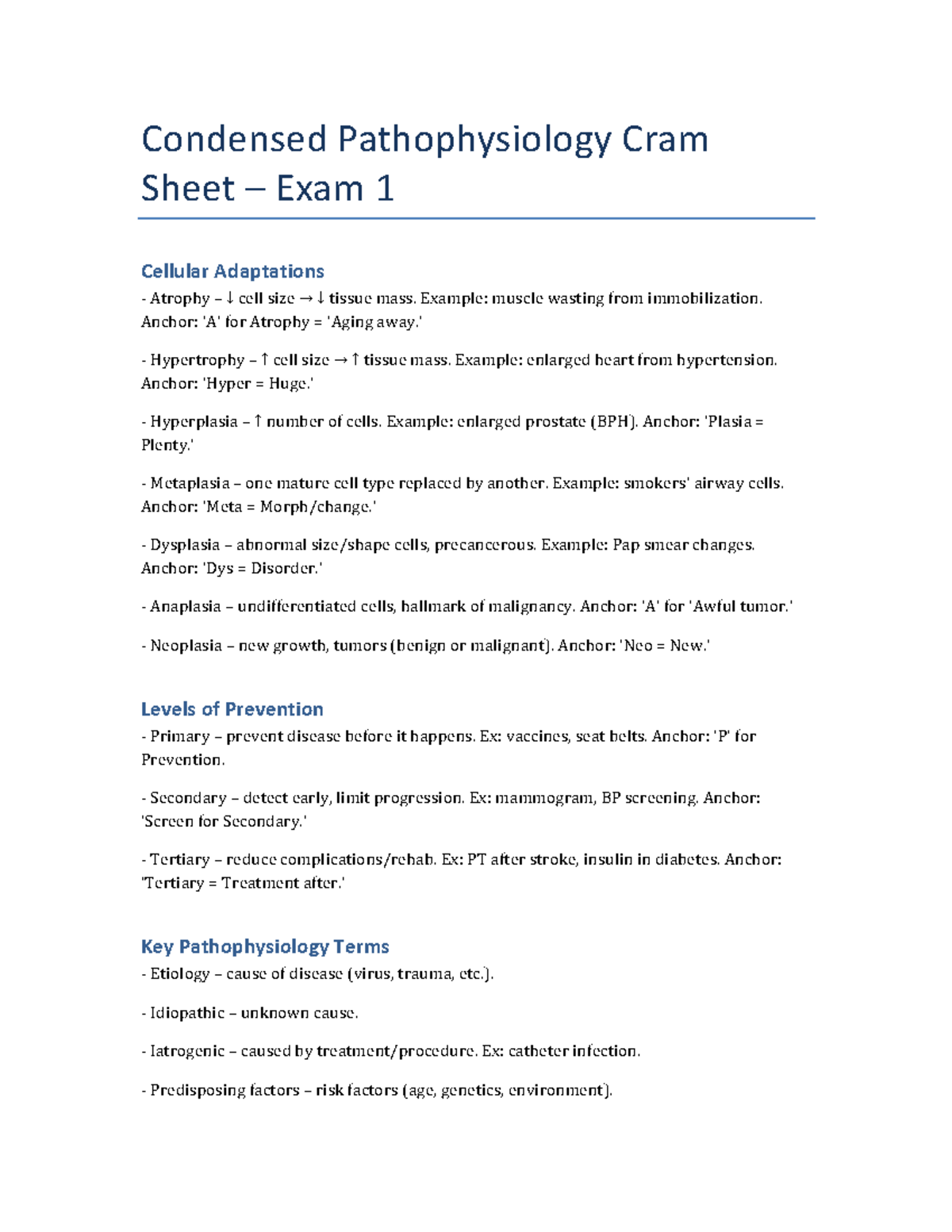 Condensed Pathophysiology Cram Sheet – Exam 1 Notes - Studocu