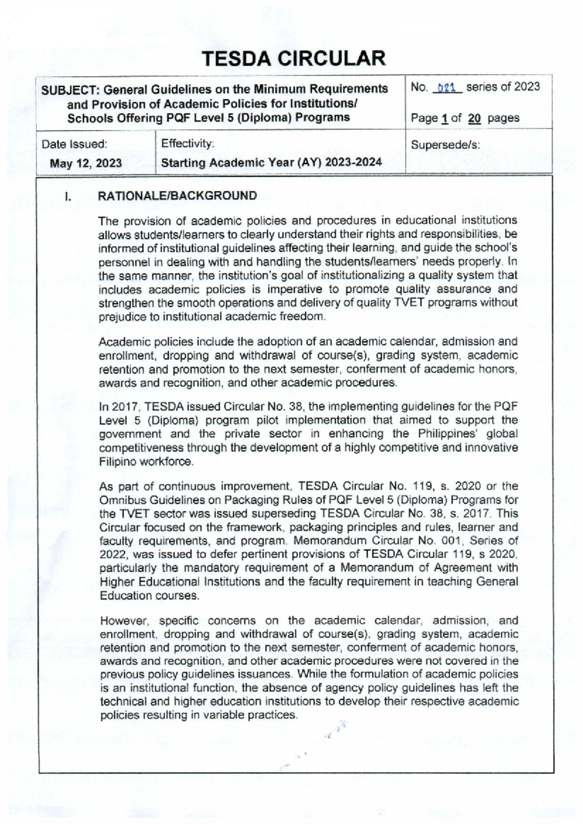 TESDA Circular No. 021-2023: Guidelines for PQF Level 5 Diploma ...